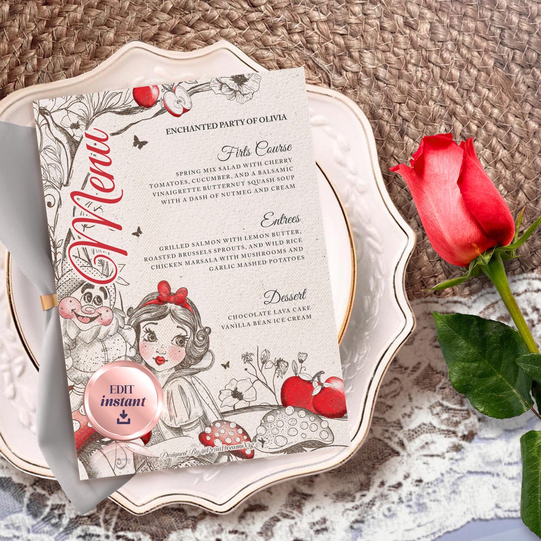Editable Snow White Menu Card: Royal Party Menu for Birthday ...