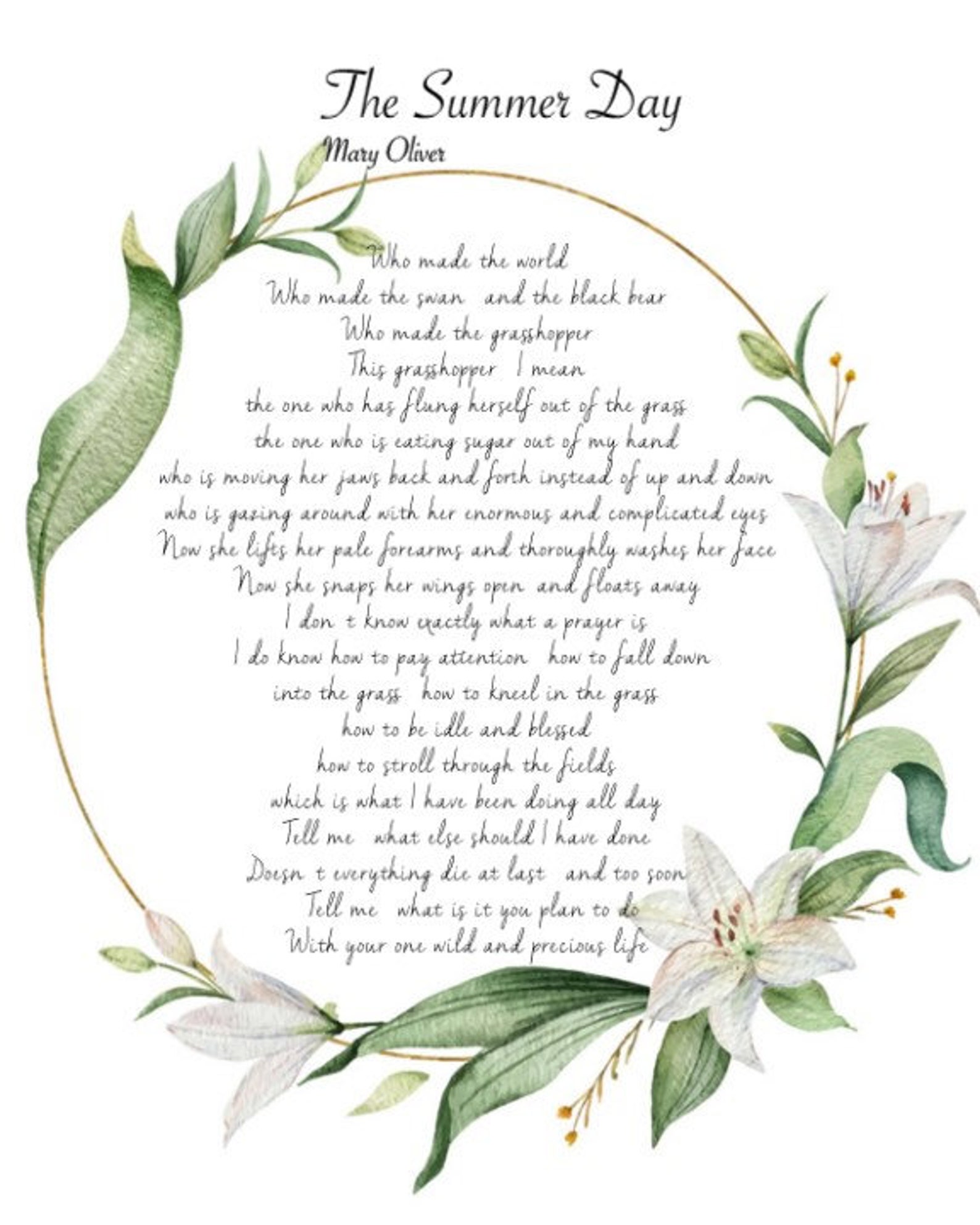The Summer Day-mary Oliver - Etsy Canada