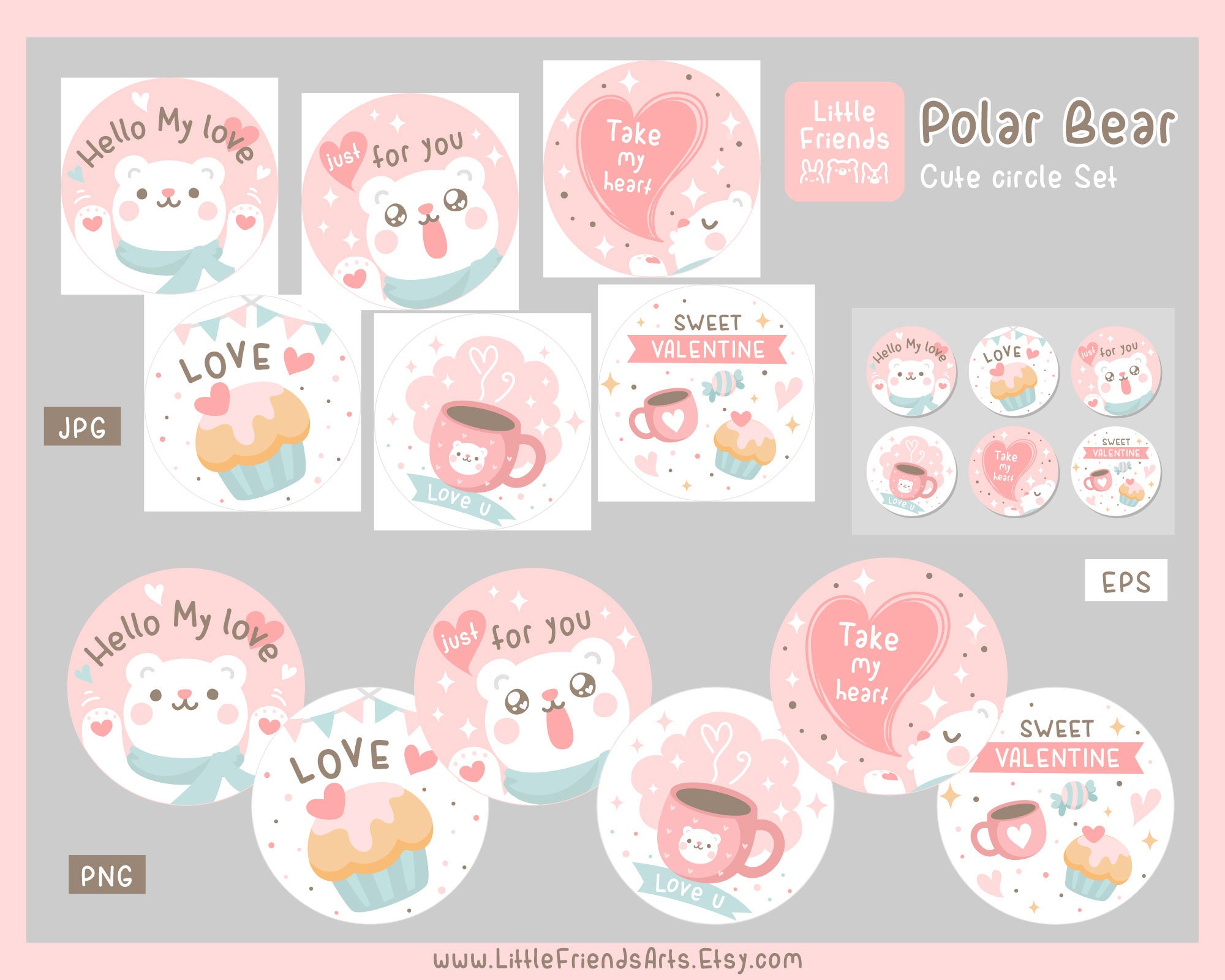 Cute Polar Bear With Love Heart Cup and Sweet in Soft Pastel Color. Set ...