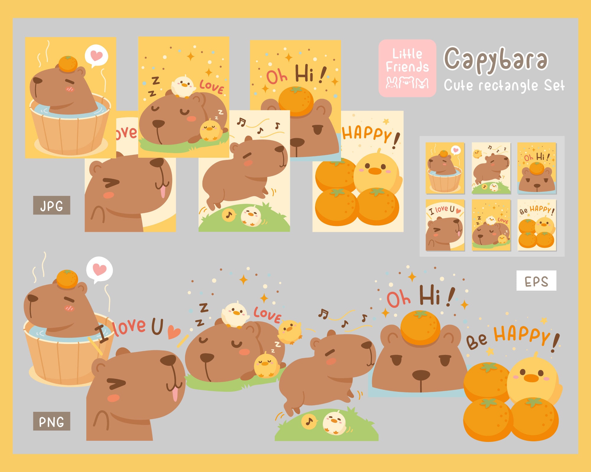 Cute Happy Capybara Together With Little Friends, Duckling and Oranges ...