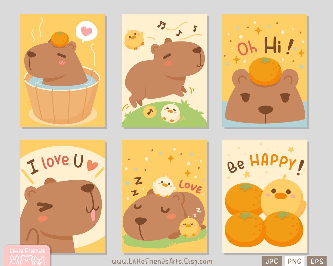 Cute Happy Capybara Together With Little Friends, Duckling and Oranges ...