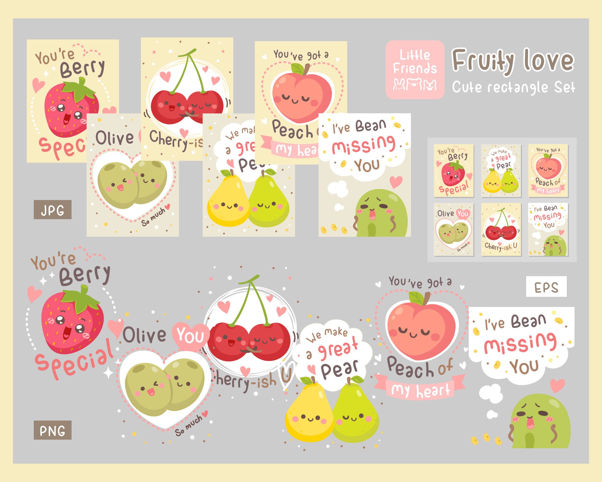 Funny Fruit Love Quotes Cute Happy Berry Pear Peach Olive Cherry Bean Set Of Rectangle