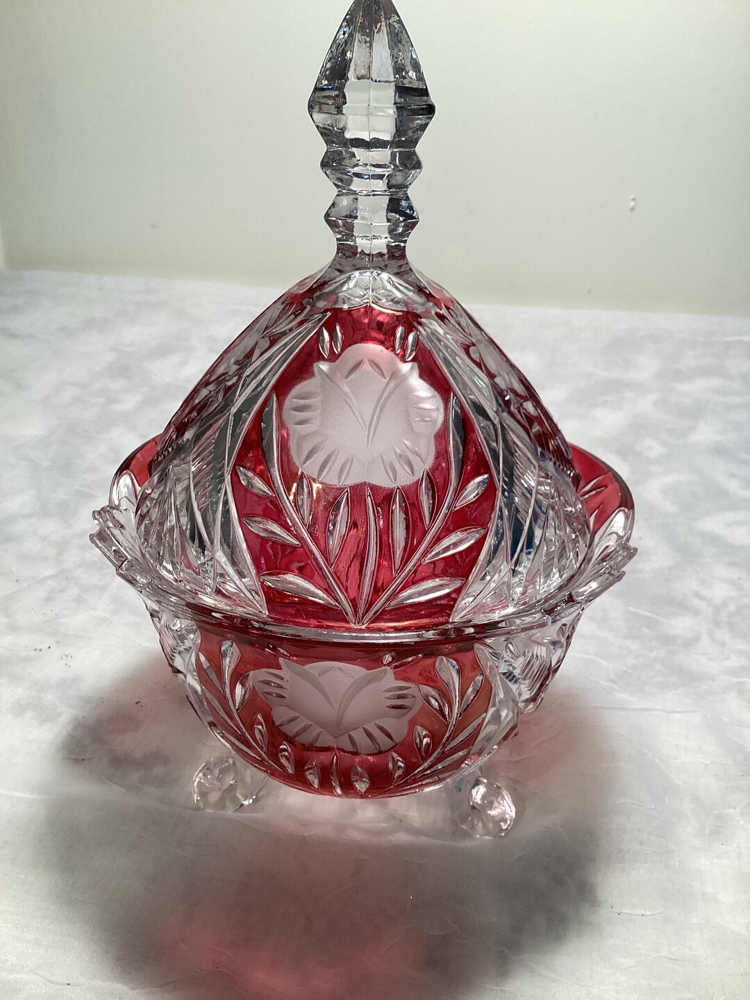 Red and Clear Footed Covered Candy Dish - Etsy