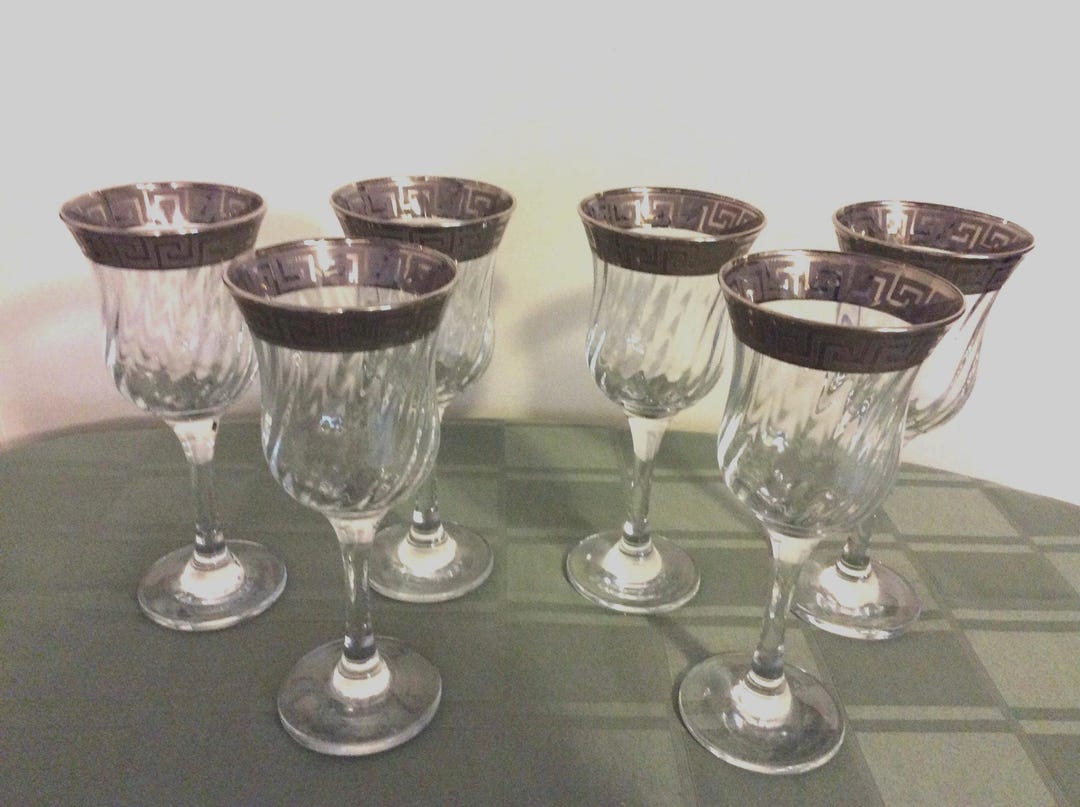 Set Of Six Silver Rim Wine Glasses Etsy
