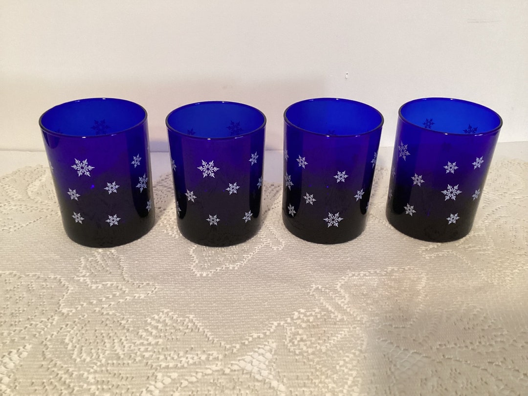 Rare Set of 4 Cobalt Blue With Snowflakes Double Old Fashion Seamless ...