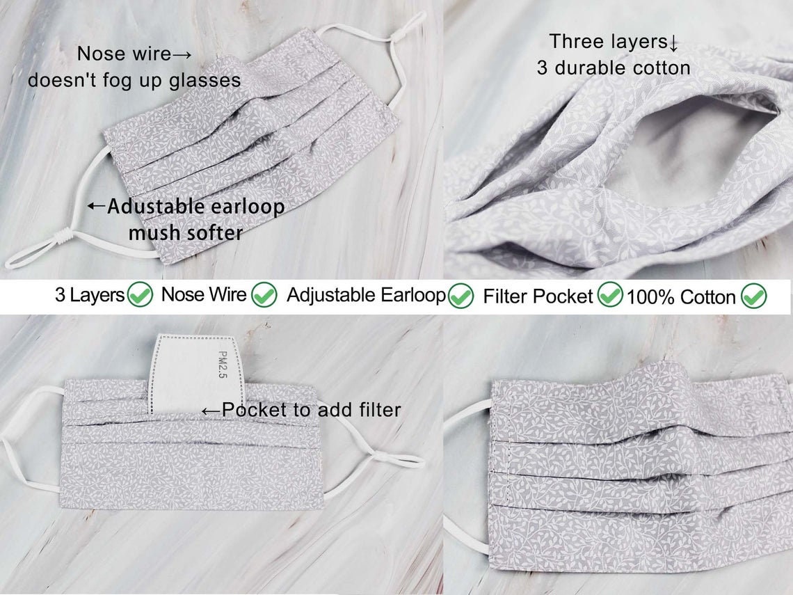 New 3 Layers Face Mask, Mask Nose Wire Filter Pocket, Washable Mask ...