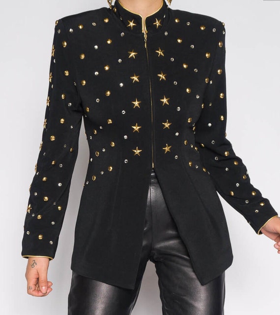 Star & Studded Gold Zippered Military Style Blazer | … - Gem
