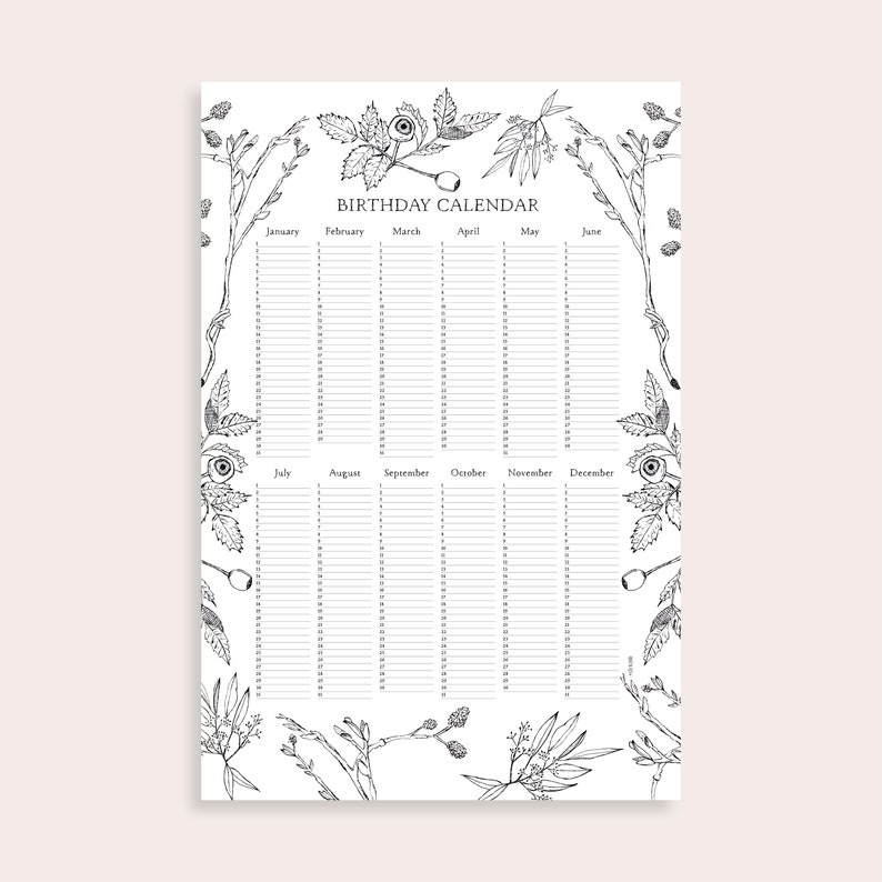 Birthday Calendar, Perpetual Calendar, Poster, Large Poster, Botany ...