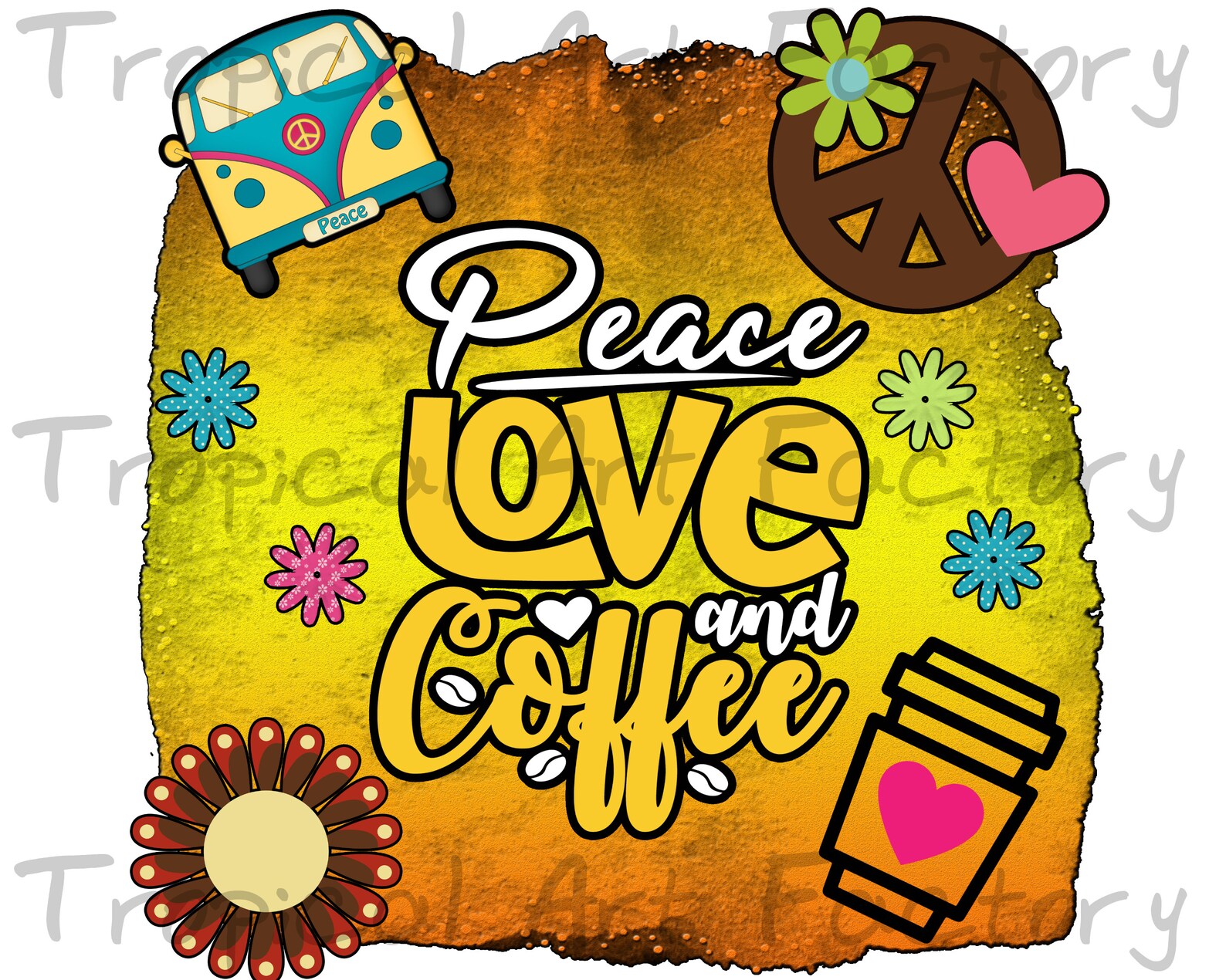 PEACE LOVE and COFFEE Hippie Sublimation Design Hippie Retro | Etsy