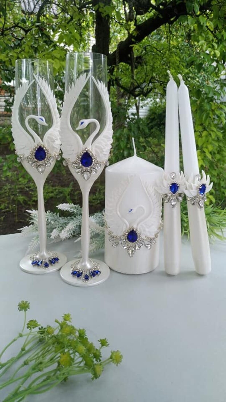 Wedding Unity Candle Set Blue and White Pearl Unity Ceremony | Etsy