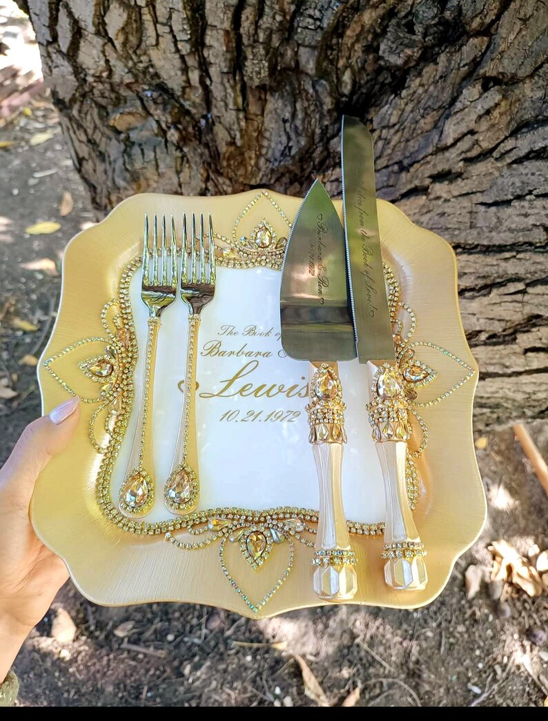 Flutes and Cake Server Set With Crystals Gold Wedding Unity Candle Set ...