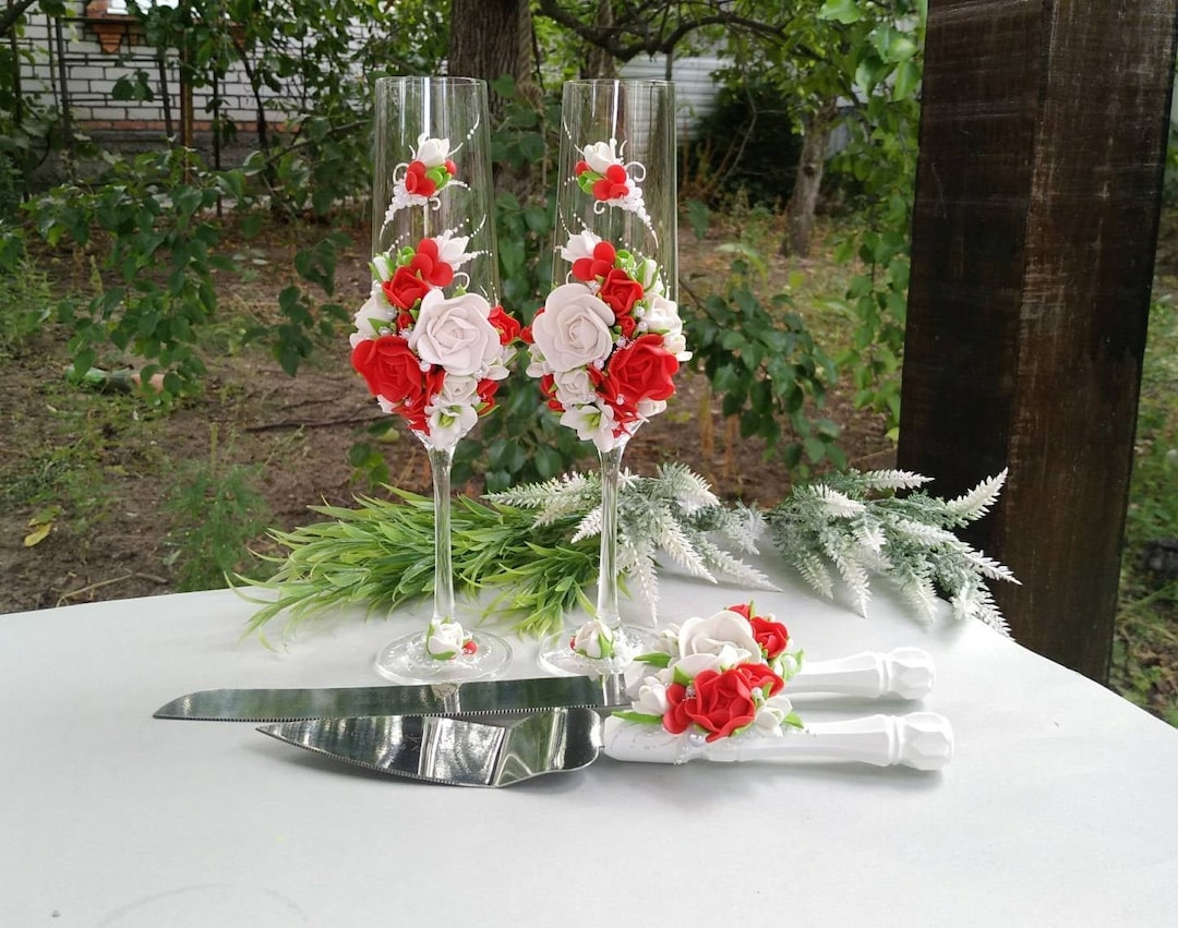 Wedding Flutes and Cake Cutting Set With Red & White Flowers, Plate ...