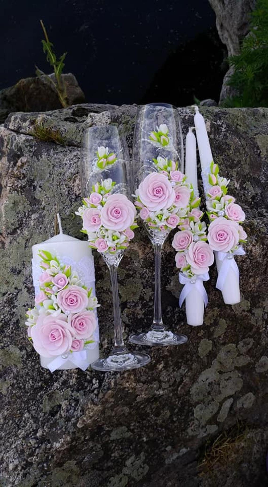 Powdery and White Wedding Glasses Beige Boho Flutes for Bride | Etsy