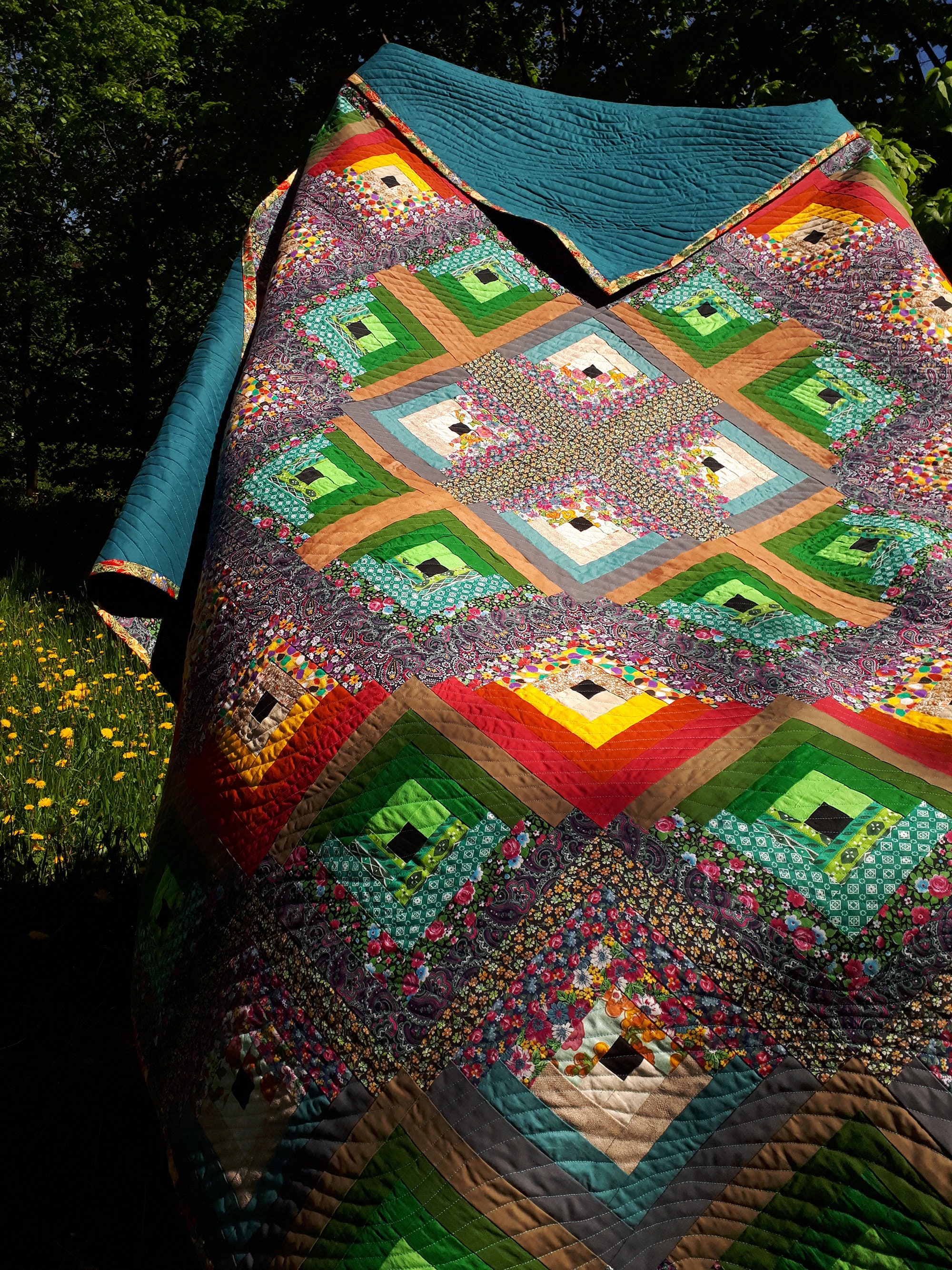 Flower Log Cabin Quilt for Sale Bright Farmhouse Quilt Large Multicolor ...