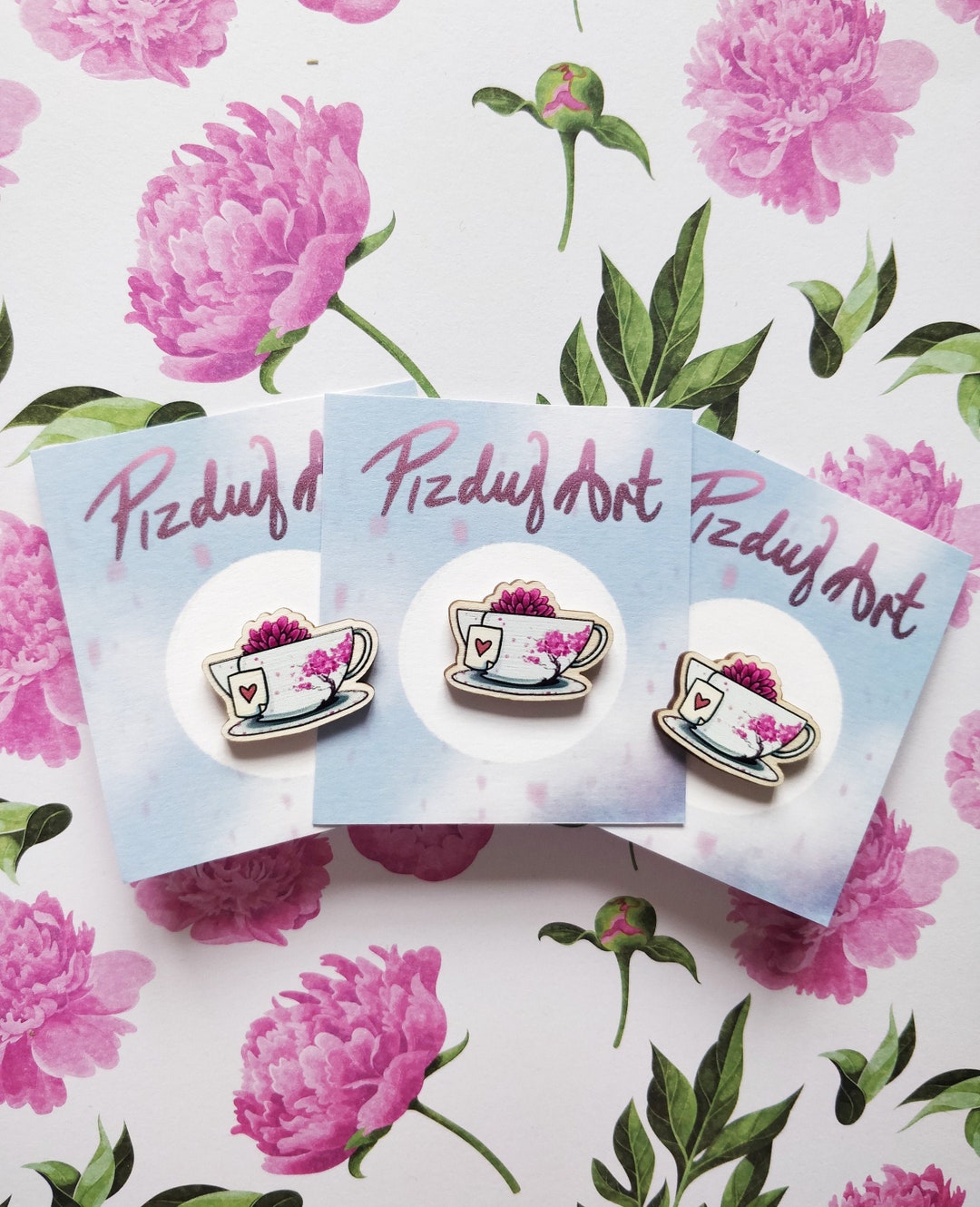 Teacup Wooden Pin , Tea Lover Pin , Cherry Blossom Tea, Cherry Tea ...