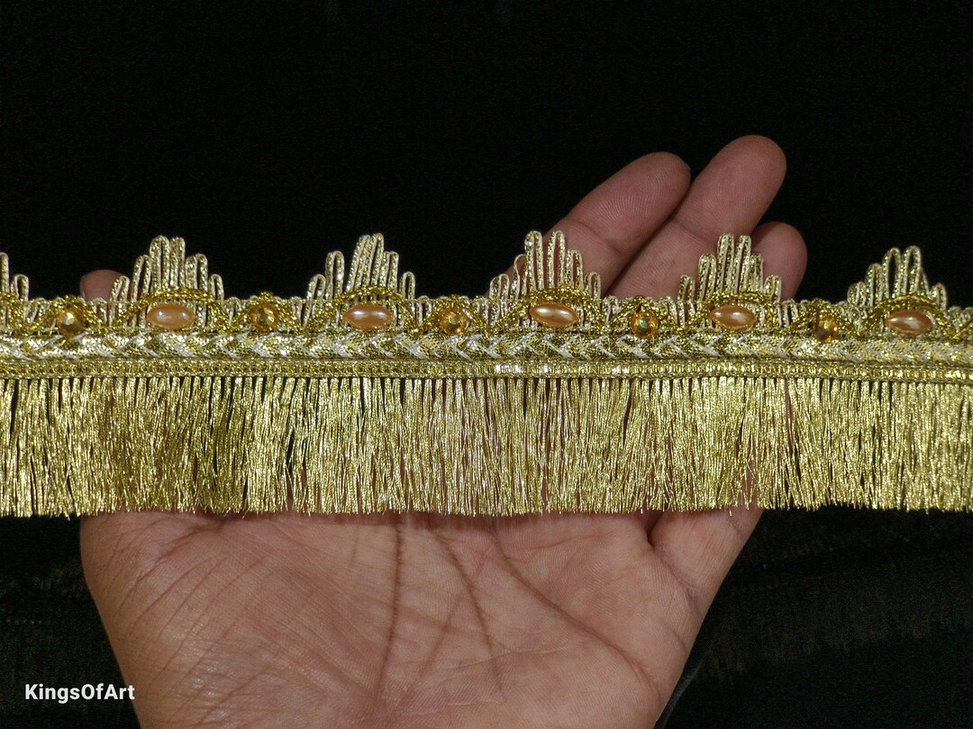 Indian Metallic Beige Gold Indian Hand Work Brush Fringe Lace Trim With ...