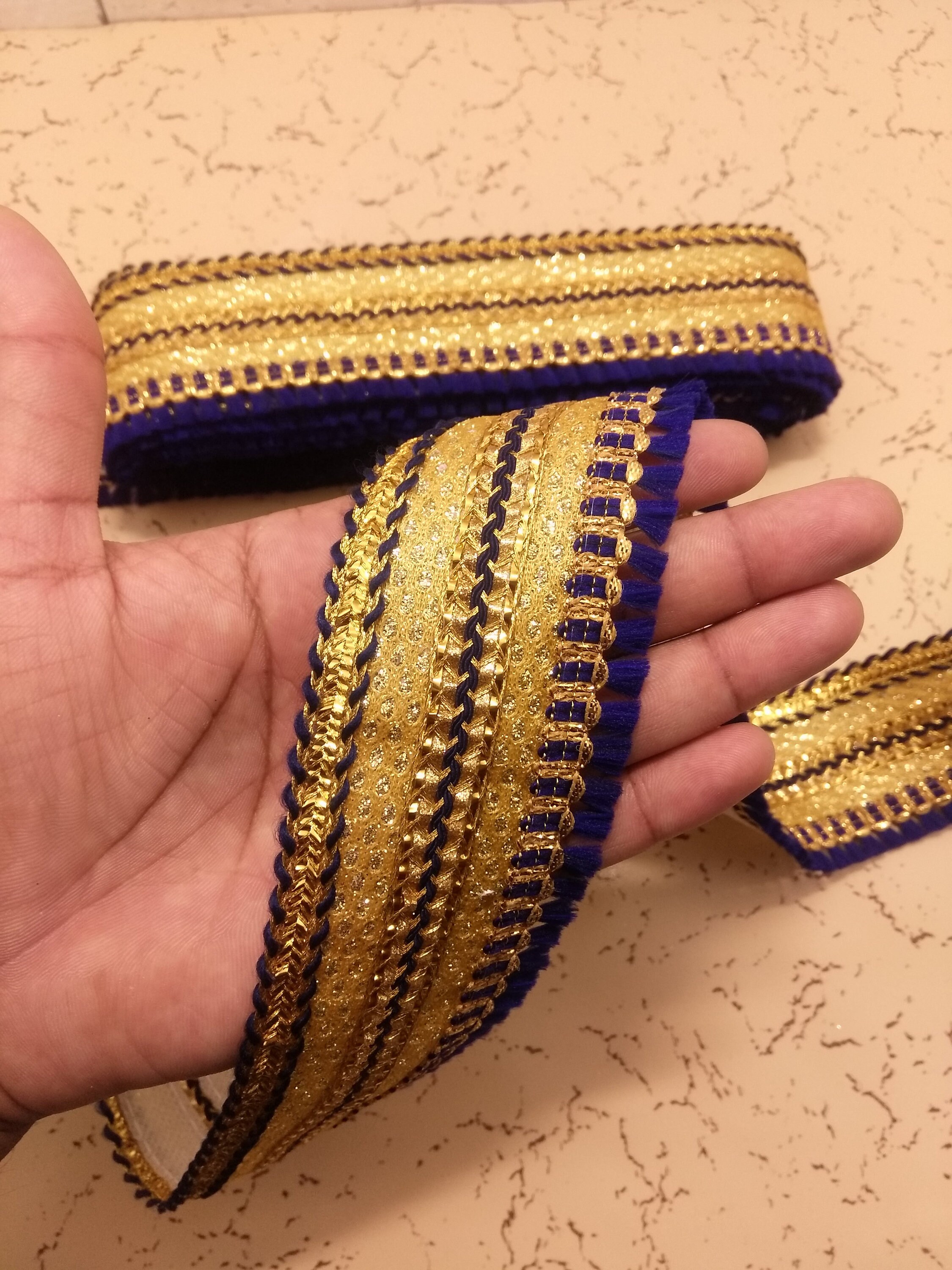 Indian Metallic Gold With Blue Tassel Fringe Border Indian | Etsy