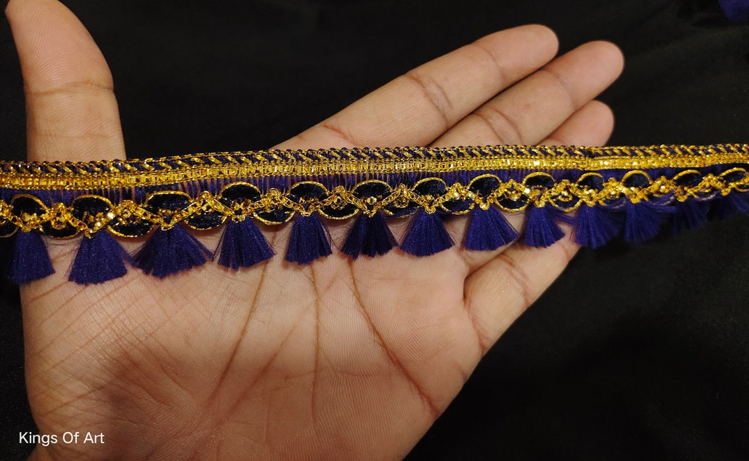 Gold & Navy Blue Tassel Fringe Lace Trim: Indian Handwork Embellishment ...