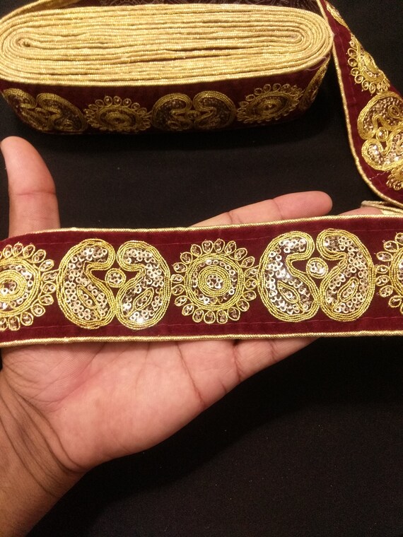 Indian Hand Work Red and Gold Embroidered Sequin Ribbon Lace | Etsy