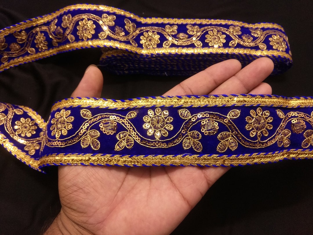 Blue & Gold Floral Embroidered Sequin Jacquard Ribbon Trim - Etsy