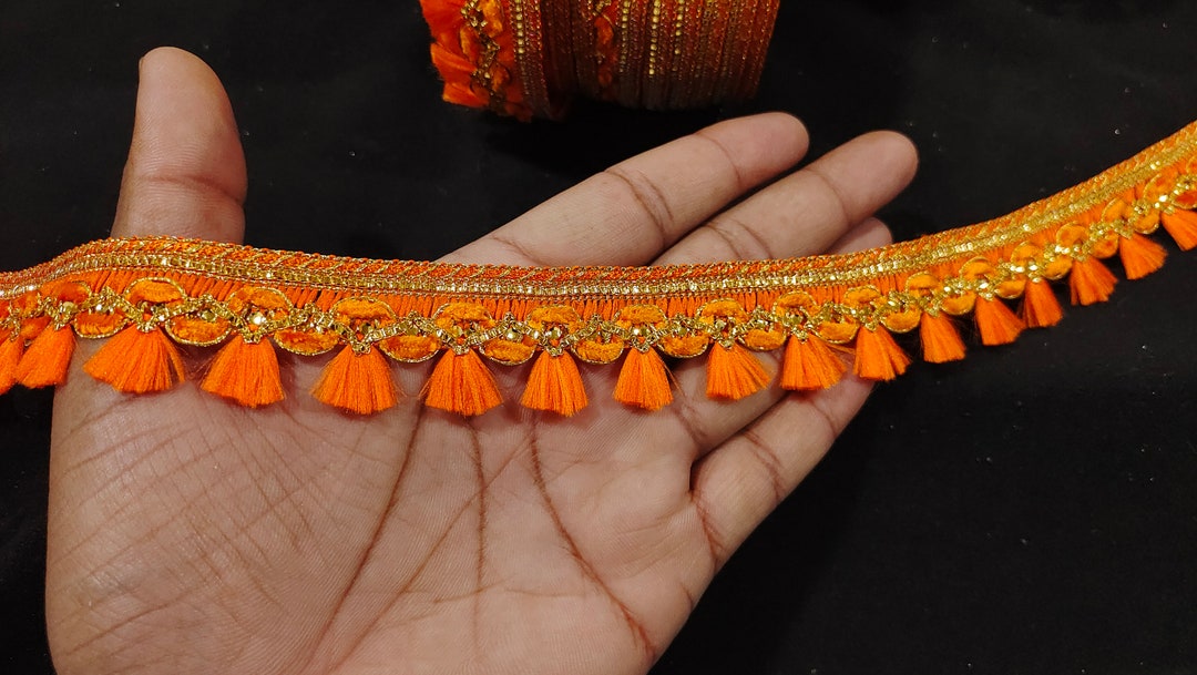 Orange & Gold Brush Fringe Lace Trim: Embellished Indian Border - Etsy