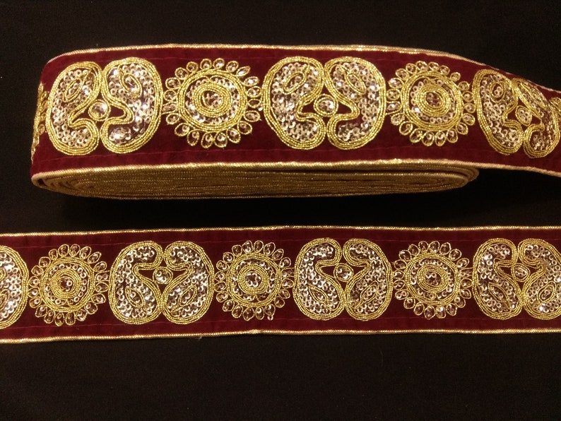Indian Hand Work Red and Gold Embroidered Sequin Ribbon Lace | Etsy