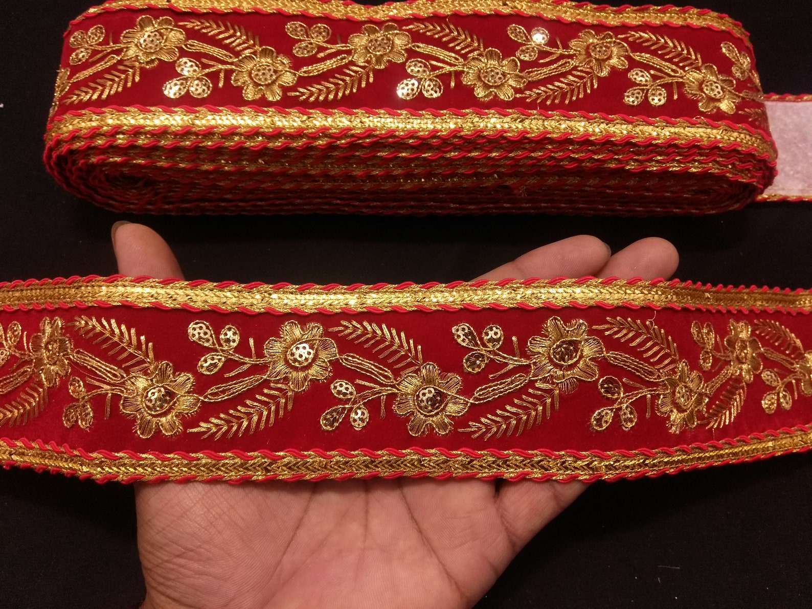 Indian Red and Gold Floral Embroidered Sequin Jacquard Ribbon Lace Trim ...