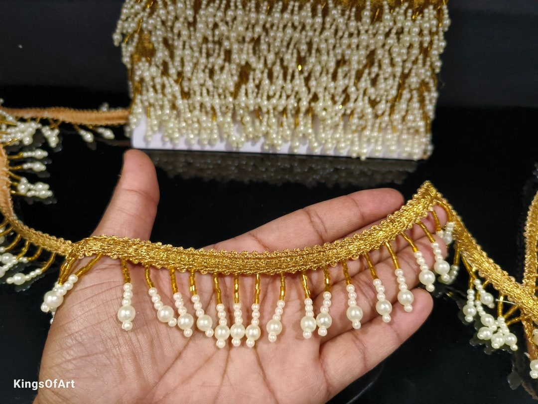 Gold and White Beaded Indian Tassel Lace Trim, Gold Beaded Trim, Beaded ...