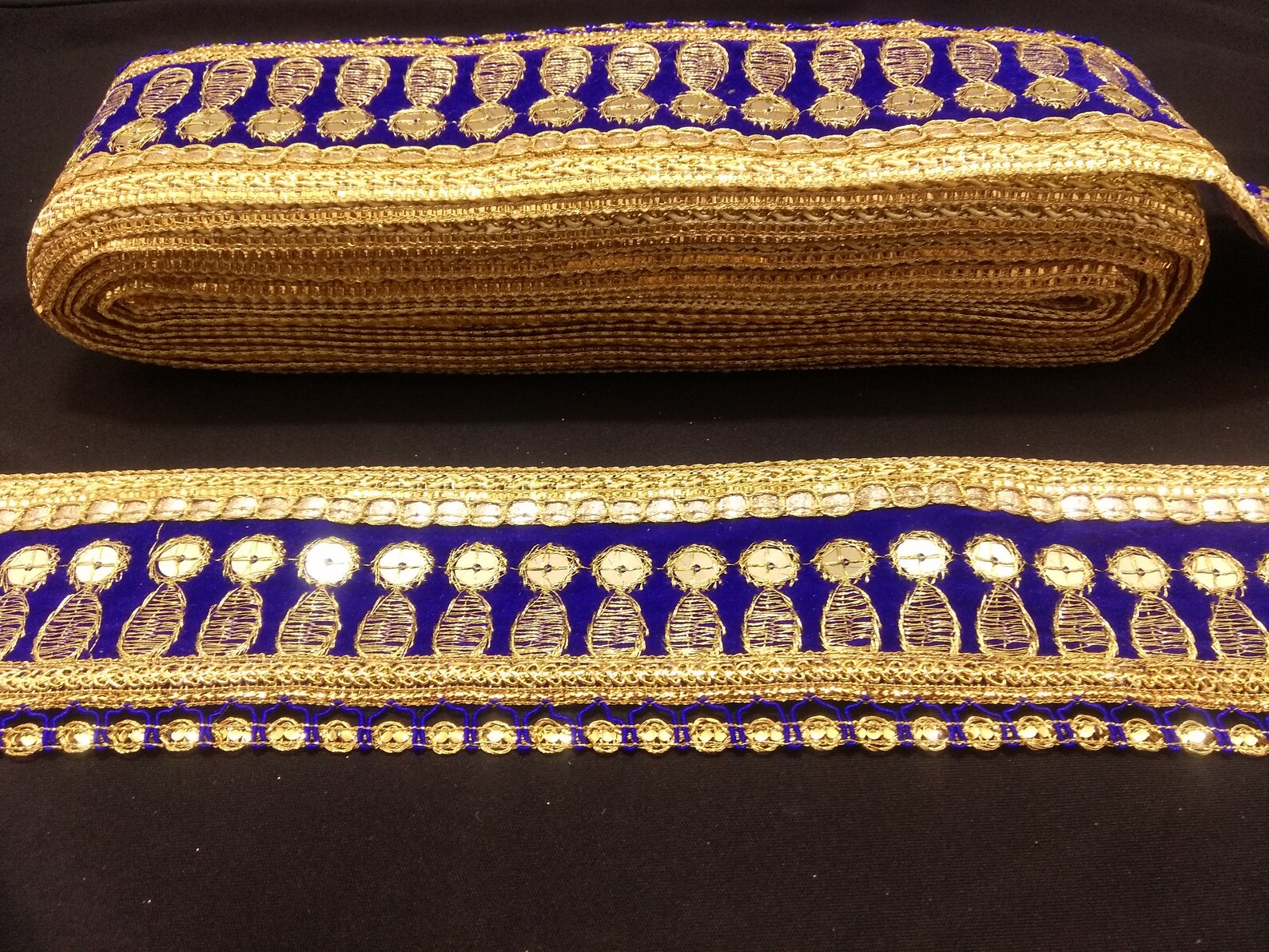 Indian Blue and Gold Floral Embroidered Sequin Jacquard Ribbon | Etsy