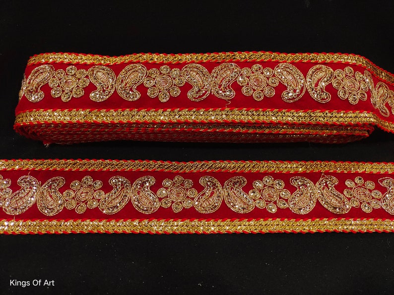 Indian Hand Work Red and Gold Embroidered Sequin Ribbon Lace - Etsy