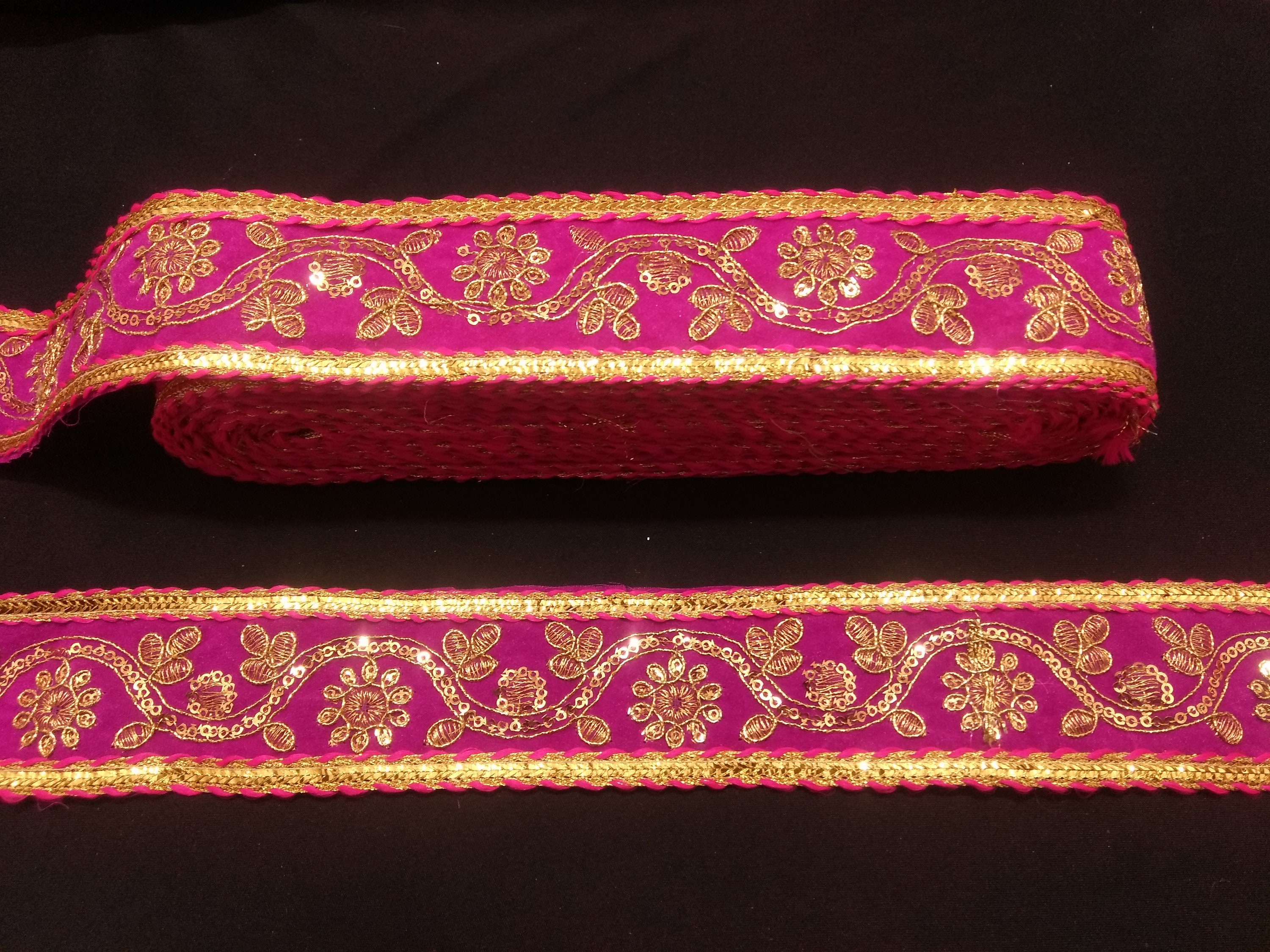 Indian Pink and Gold Floral Embroidered Sequin Jacquard Ribbon | Etsy