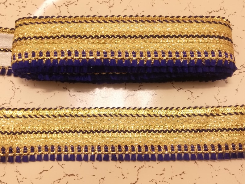 Indian Metallic Gold With Blue Tassel Fringe Border Indian | Etsy