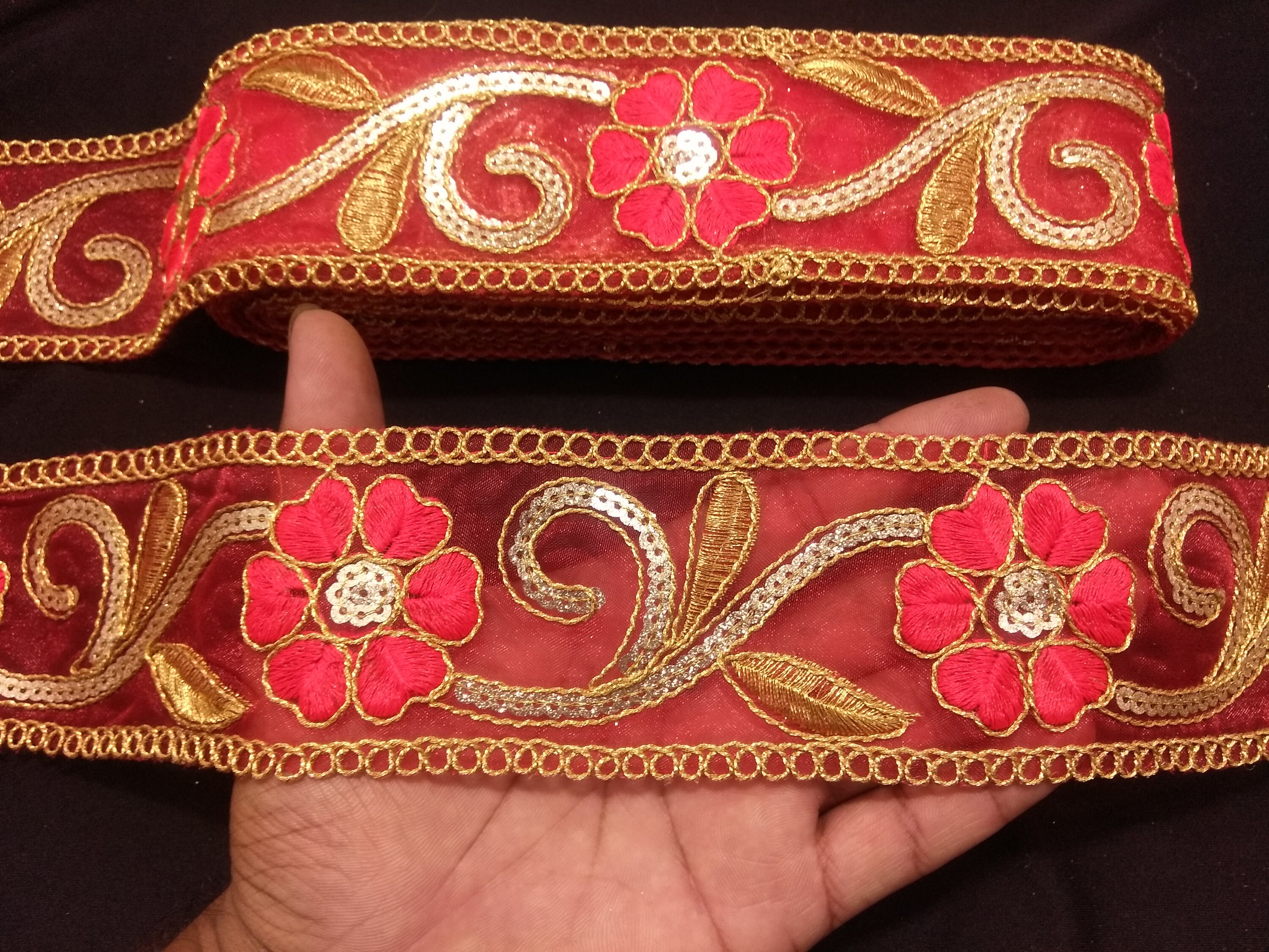 Indian Red and Gold Sequin Floral Embroidered Fabric Ribbon | Etsy