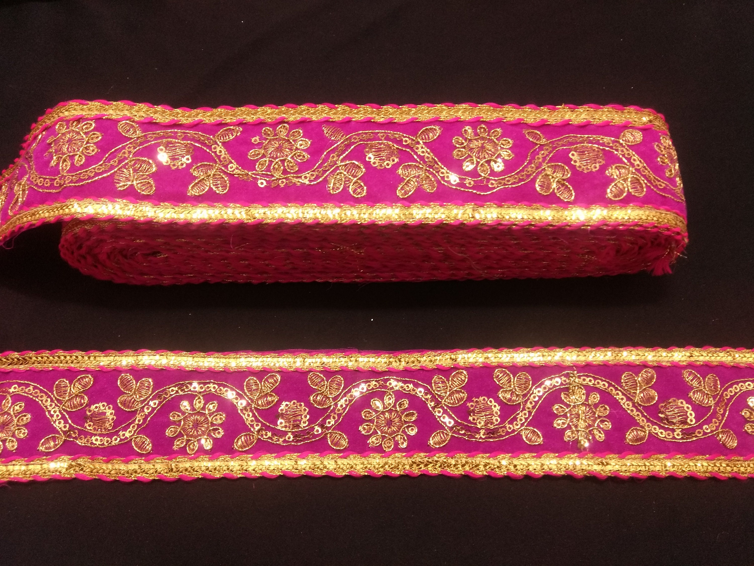 Indian Pink and Gold Floral Embroidered Sequin Jacquard Ribbon | Etsy