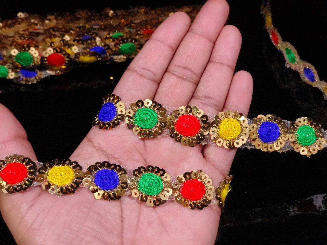 Indian Multicolour Sequin Floral Ribbon Lace Trim for Embellishment ...