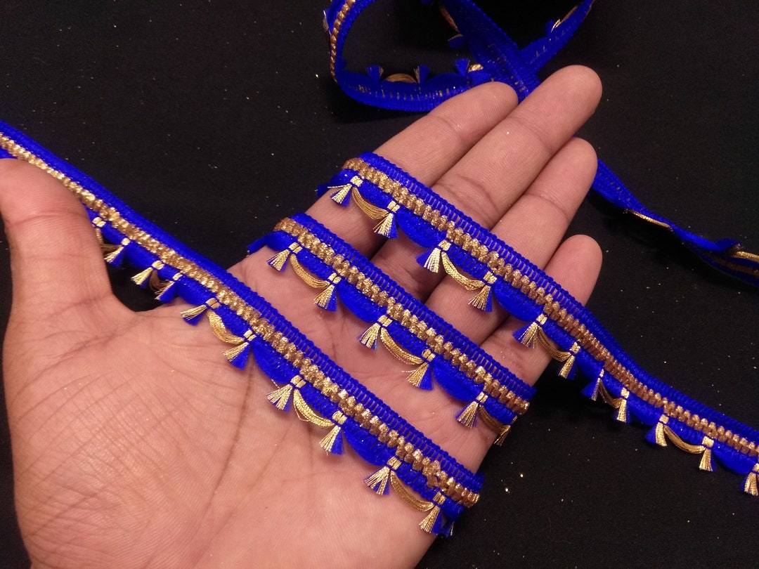 Indian Gold and Blue Indian Hand Work Tassels Fringe Lace Trim With ...