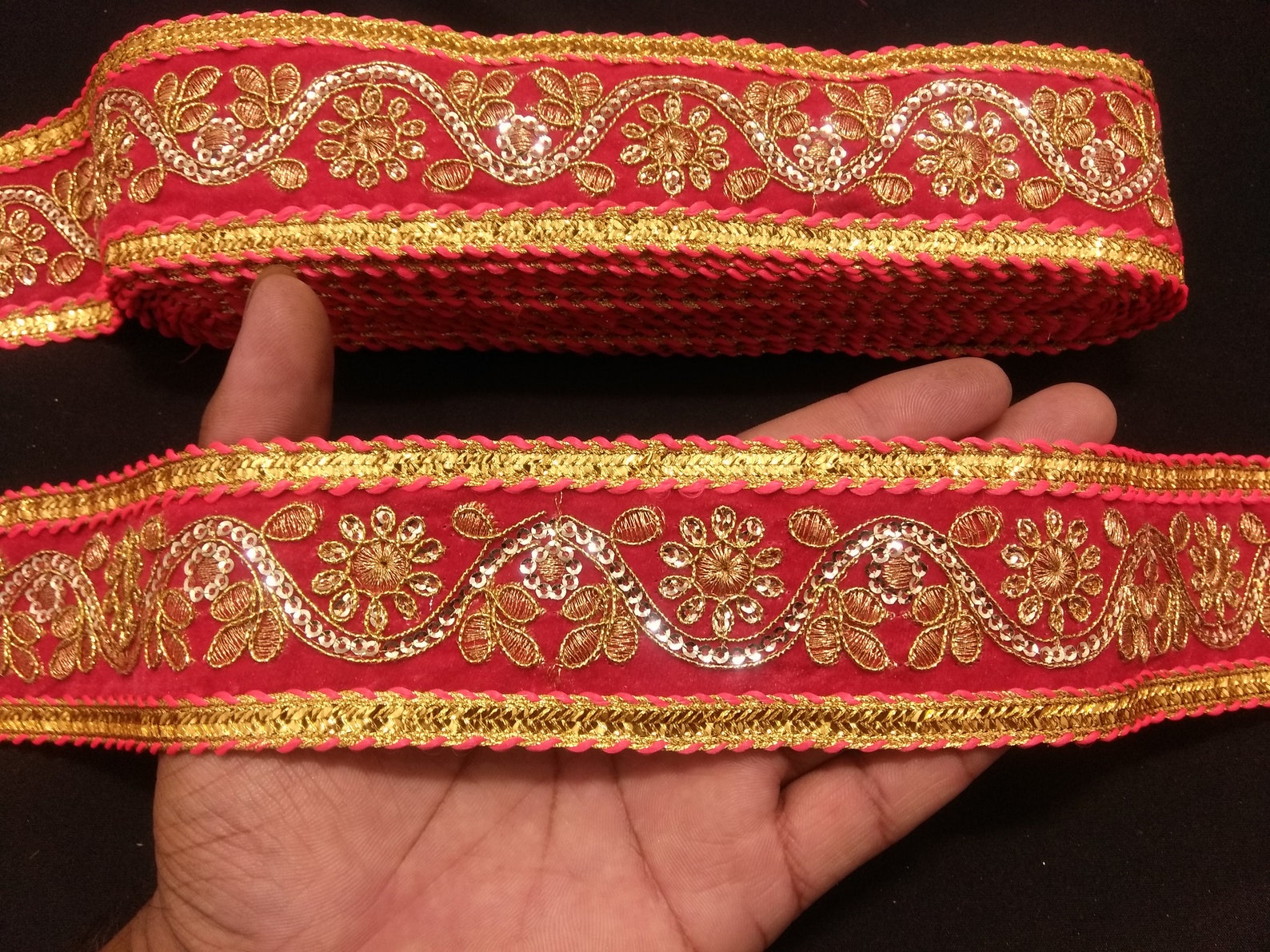 Indian Red and Gold Floral Embroidered Sequin Jacquard Ribbon - Etsy