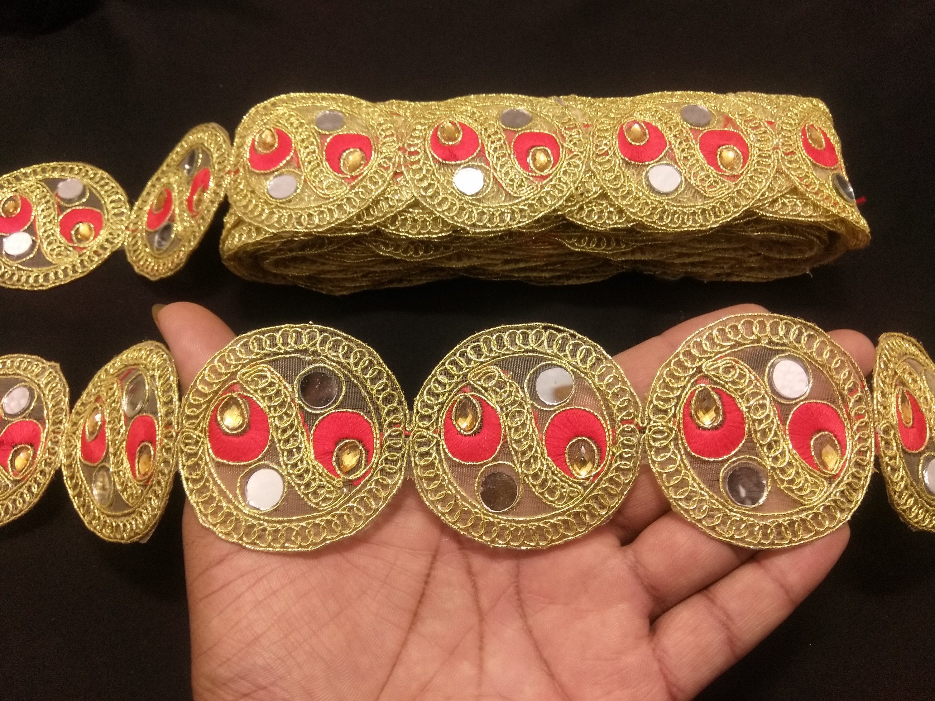 Indian Beaded Gold and Red Floral Embroidered Ribbon Lace Trim | Etsy