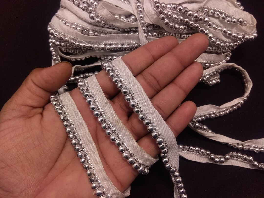 9 Yards Silver Beaded Ribbon Border Lace Trim With Embellishment Look ...