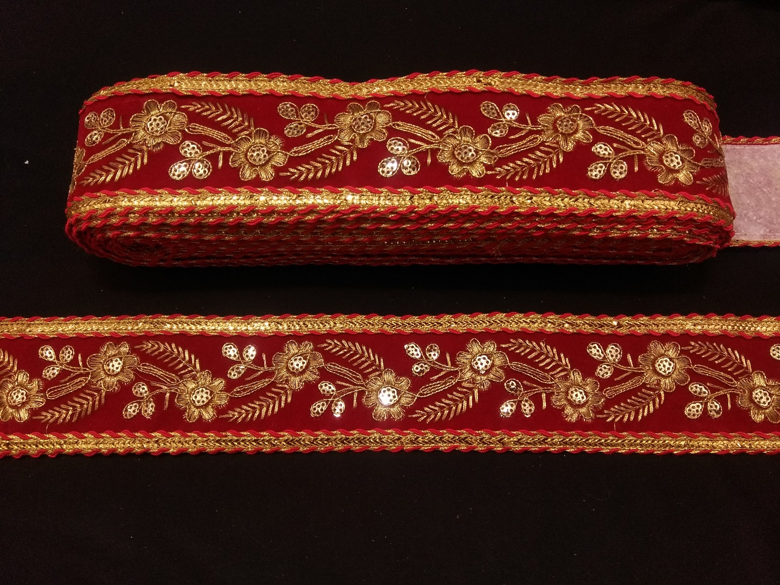 Indian Red and Gold Floral Embroidered Sequin Jacquard Ribbon Lace Trim ...