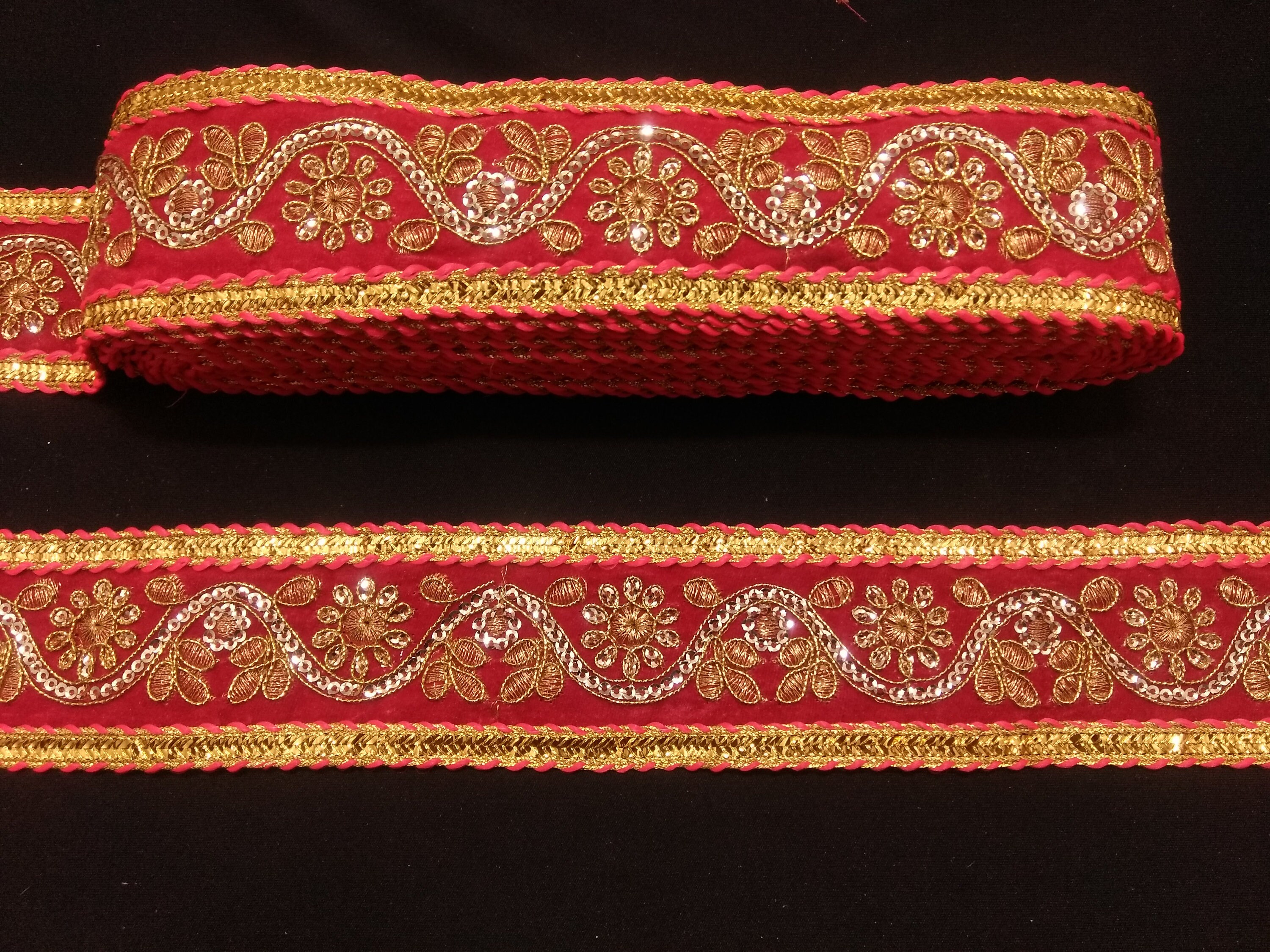 Indian Red and Gold Floral Embroidered Sequin Jacquard Ribbon | Etsy