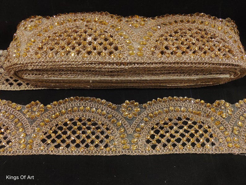 Indian Beaded Gold Floral Embroidered on Net Fabric Ribbon - Etsy