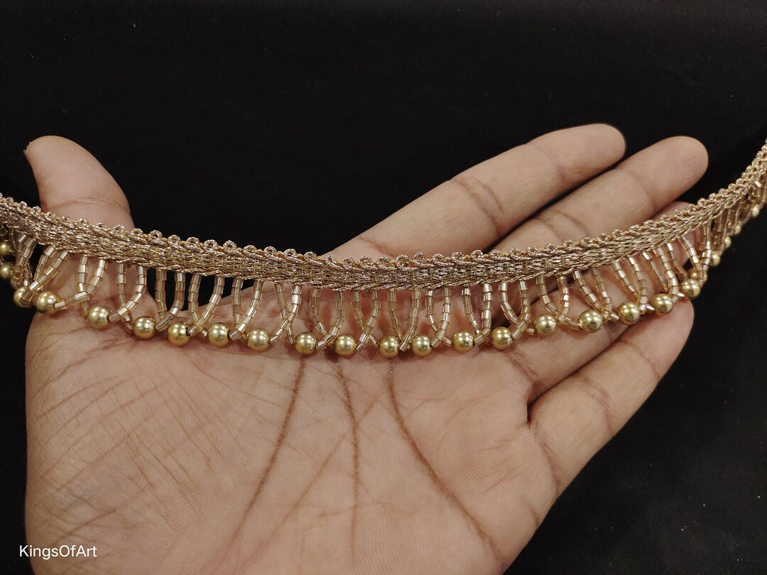 Indian Rose Gold Beaded Tassel Lace Trim, Gold Tassel Trim, Gold Lace ...