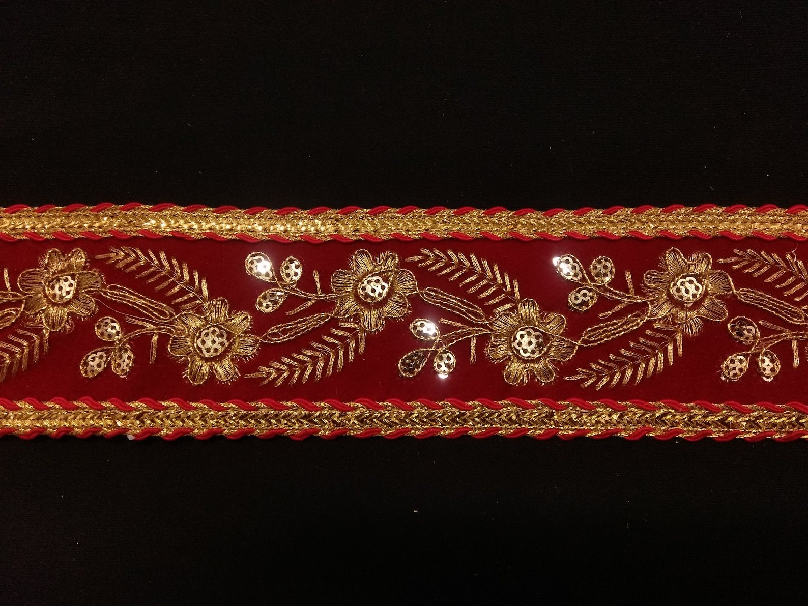 Indian Red and Gold Floral Embroidered Sequin Jacquard Ribbon Lace Trim ...