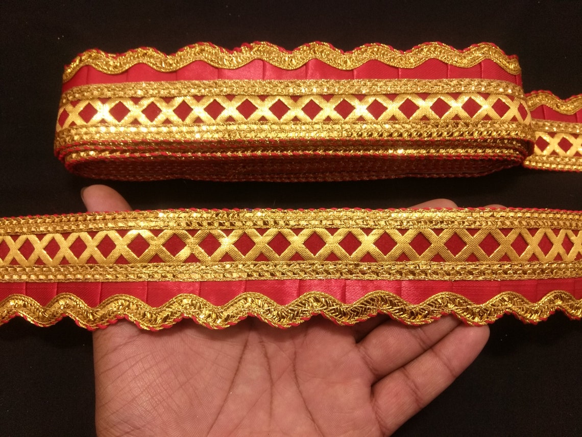Indian Red and Gold Fabric Fringe Border Ribbon Lace Trim For | Etsy