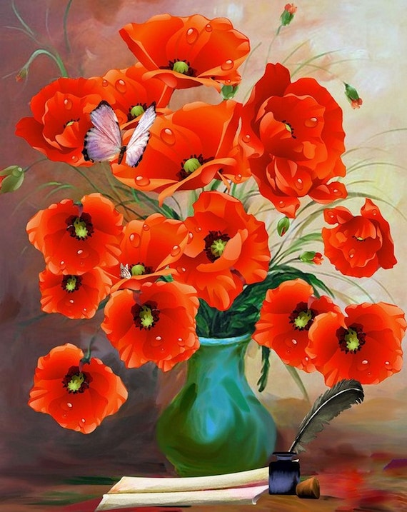 Branch of Poppies Cross Stitch Pattern Needlepoint | Etsy