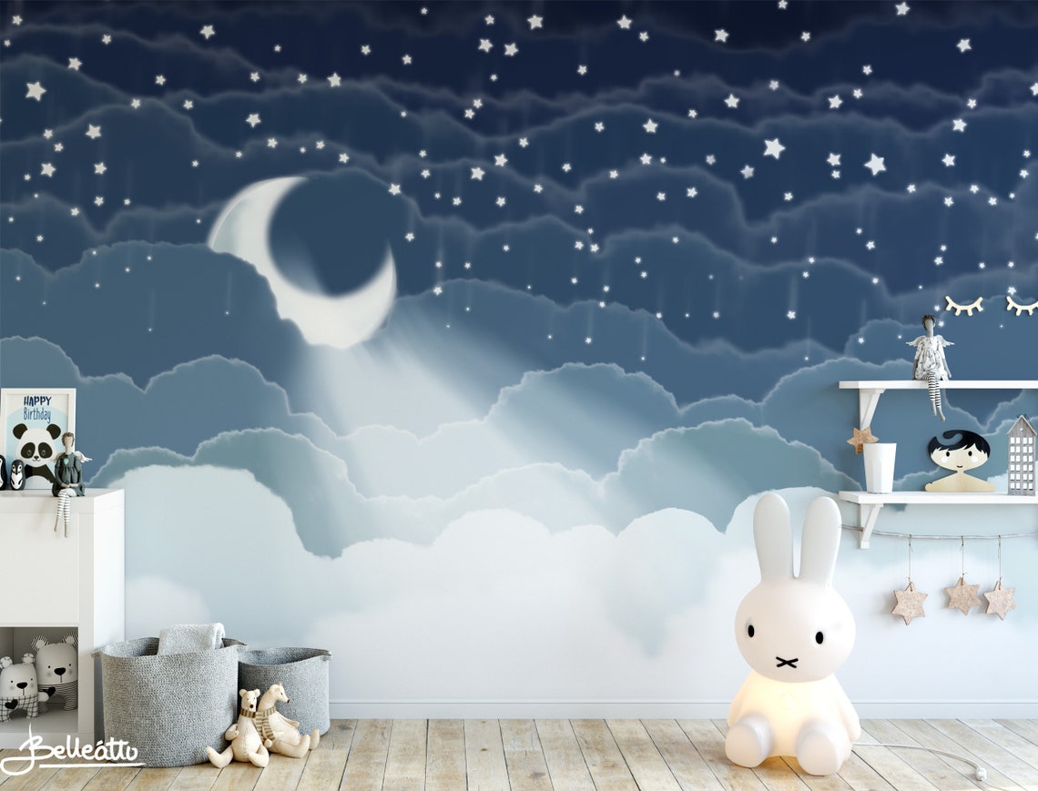 Pastel Night Sky Falling Stars and Shining Moon Wallpaper / - Etsy