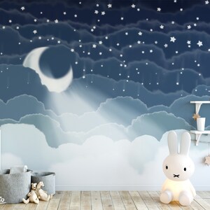 Pastel Night Sky Falling Stars and Shining Moon Wallpaper / Clouds Sky ...
