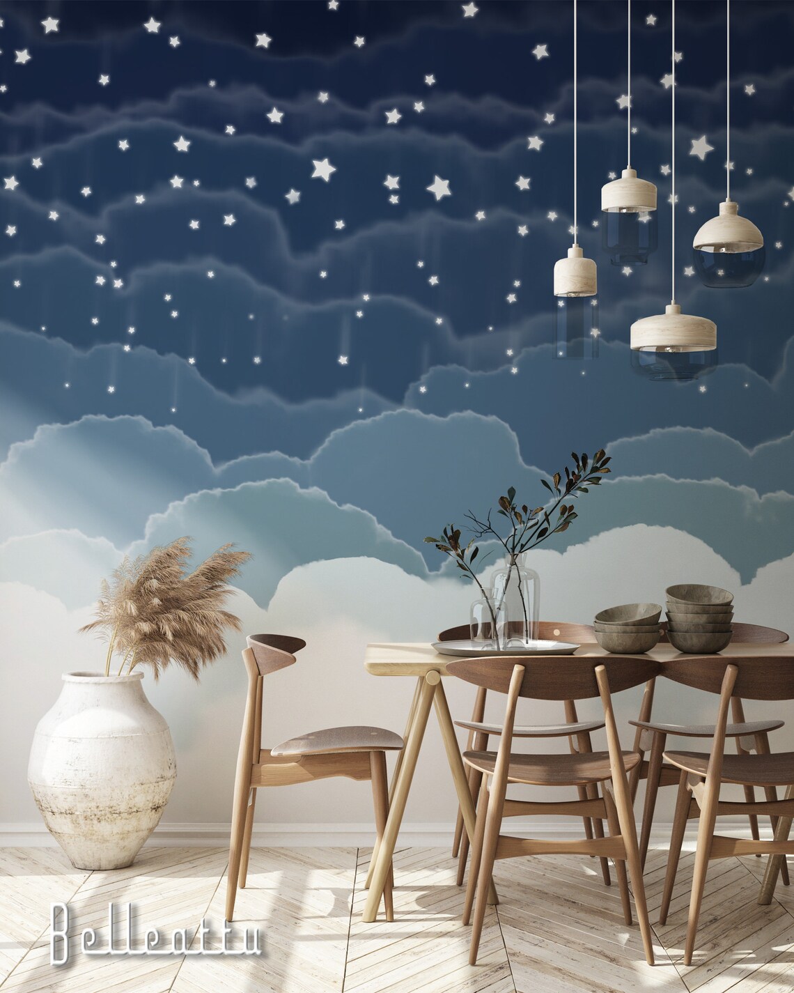 Pastel Night Sky Falling Stars and Shining Moon Wallpaper / - Etsy