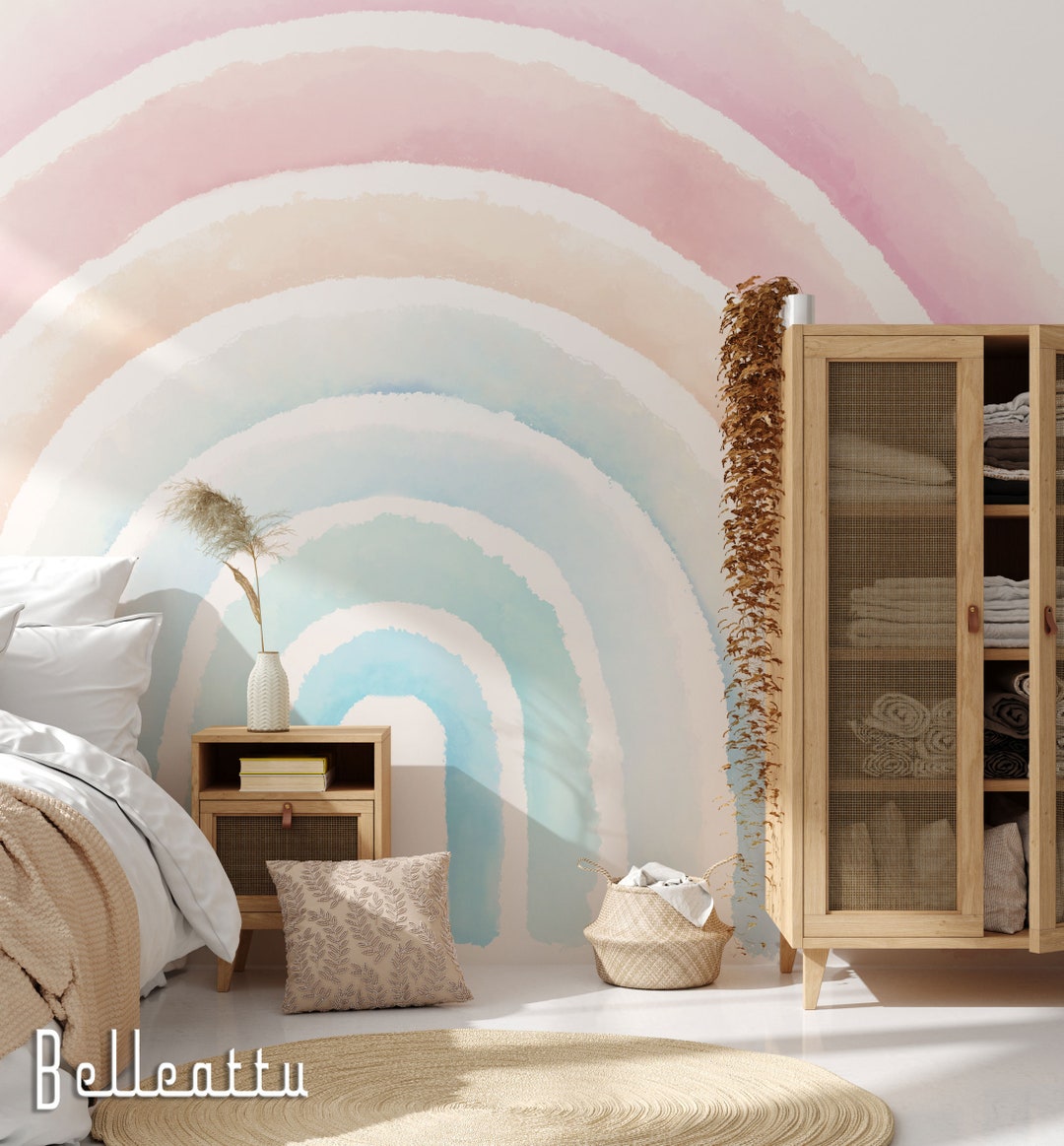 Large Rainbow Peel and Stick Decal Boho Coral Peach Pink Pastel Rainbow ...